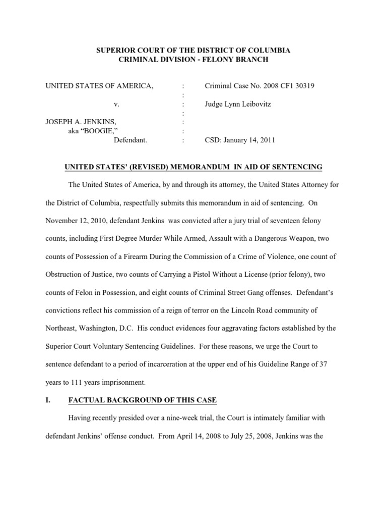 Joseph Jenkins - Sentencing Memo | PDF | Sentence (Law) | Crime & Violence