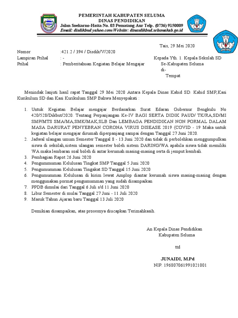 Surat Pemberitahuan Kegiatan Belajar Mengajar | PDF