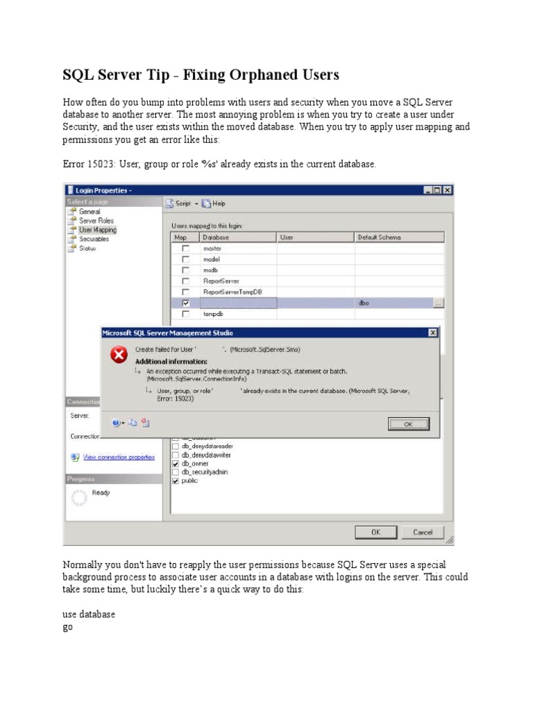 Fixing Orphaned Users in SQL Server | PDF