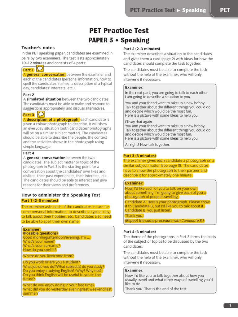 PET Practice Test: Paper 3 - Speaking | PDF | Conversation | Epistemology