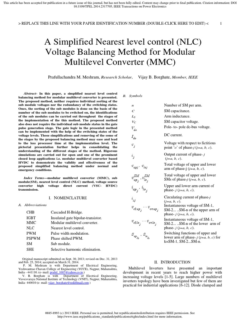 A Simplified Nearest Level Control (NLC) Voltage Balancing Method For ...