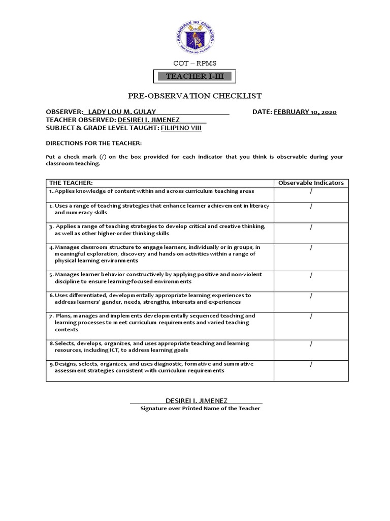 Pre-Observation Checklist and Observation Notes for Desirei Jimenez's ...