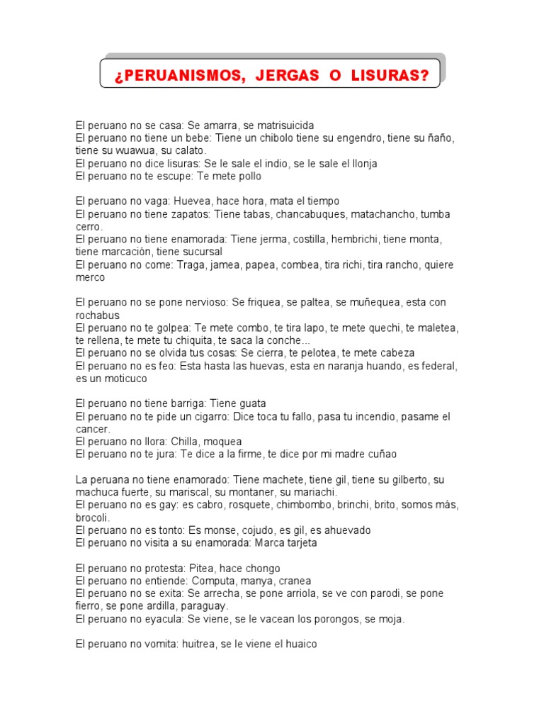 Peruanismos Jergas o Lisuras | PDF