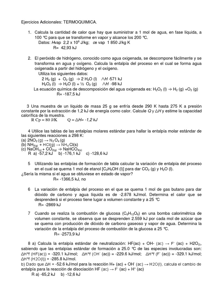 Termoquímica Ejercitación Adicional | PDF | Entalpía | Combustión
