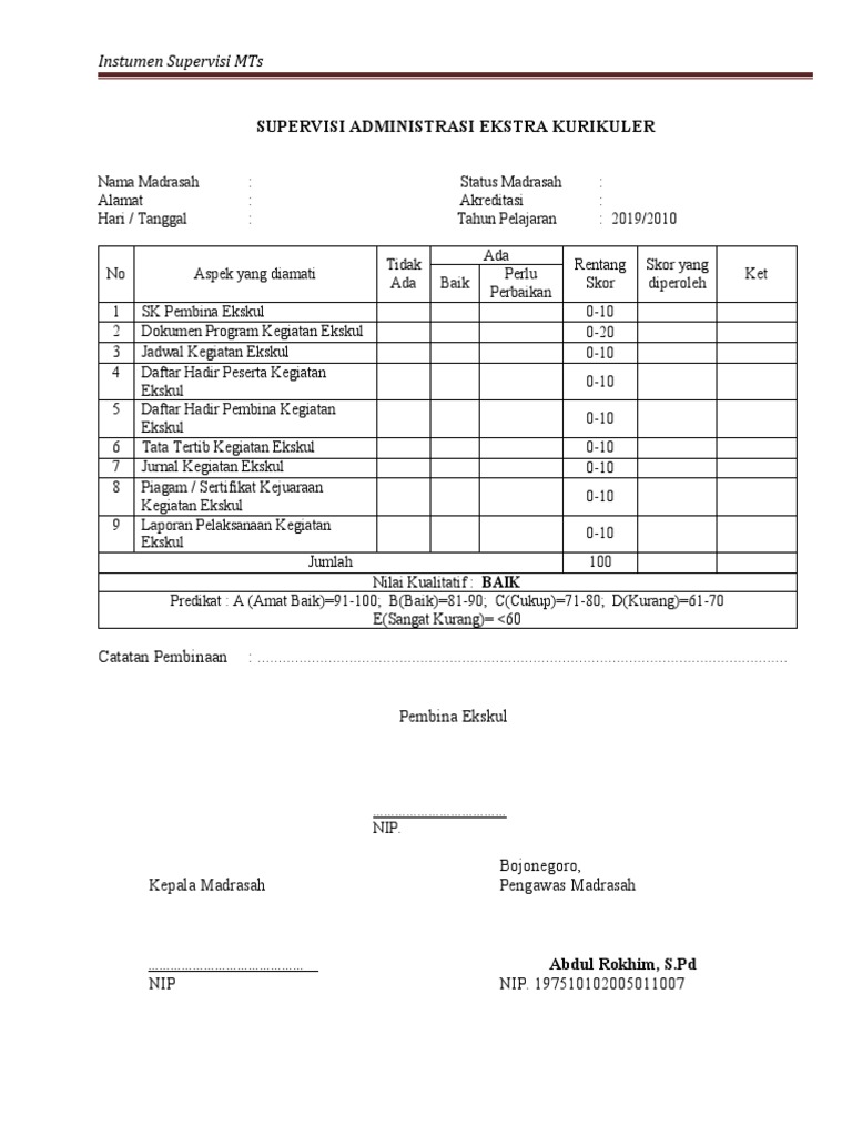 Supervisi Administrasi Ekskul MTs | PDF
