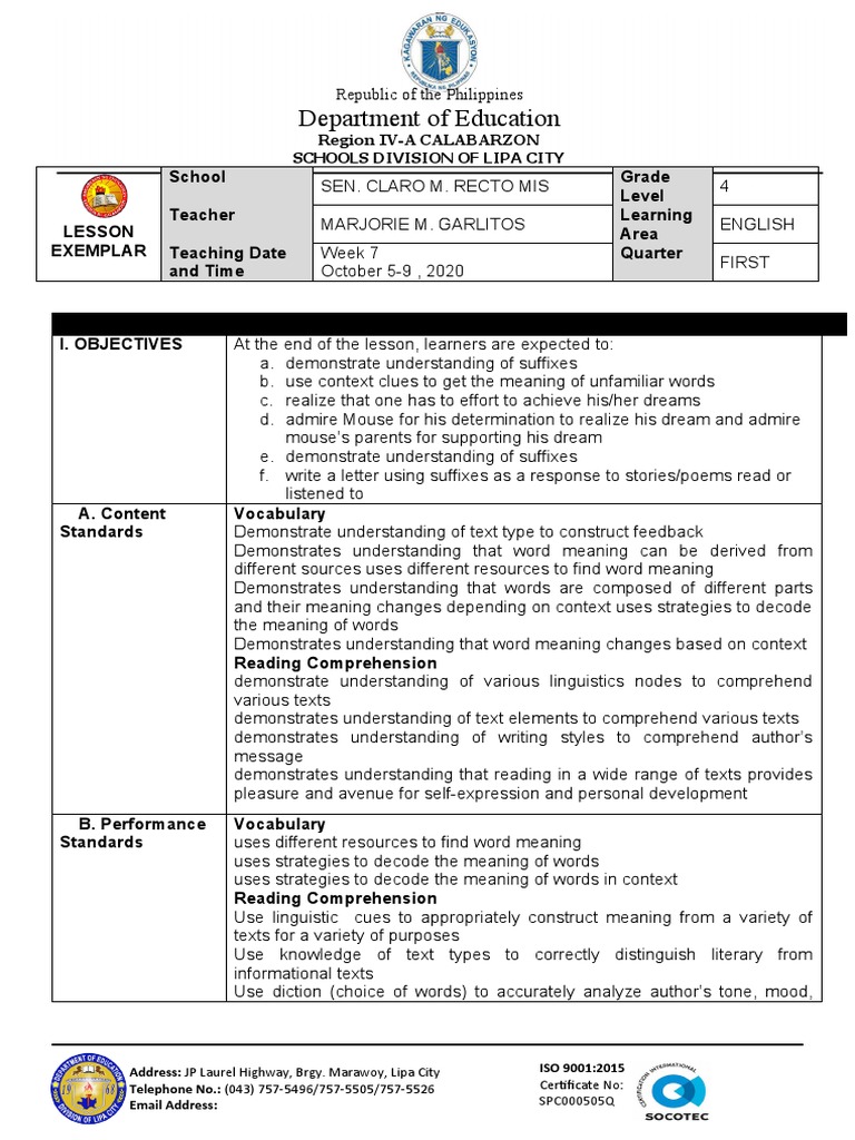 Department of Education: School Grade Level Teacher Learning Area ...