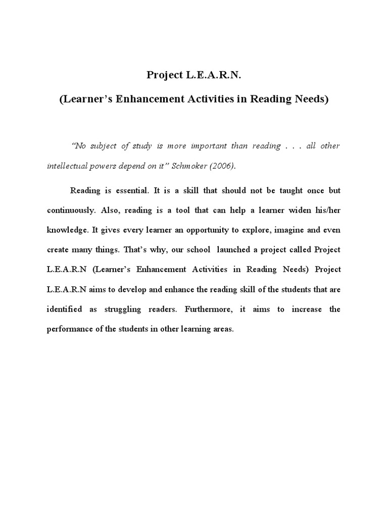 Project L.E.A.R.N. (Learner's Enhancement Activities in Reading Needs ...