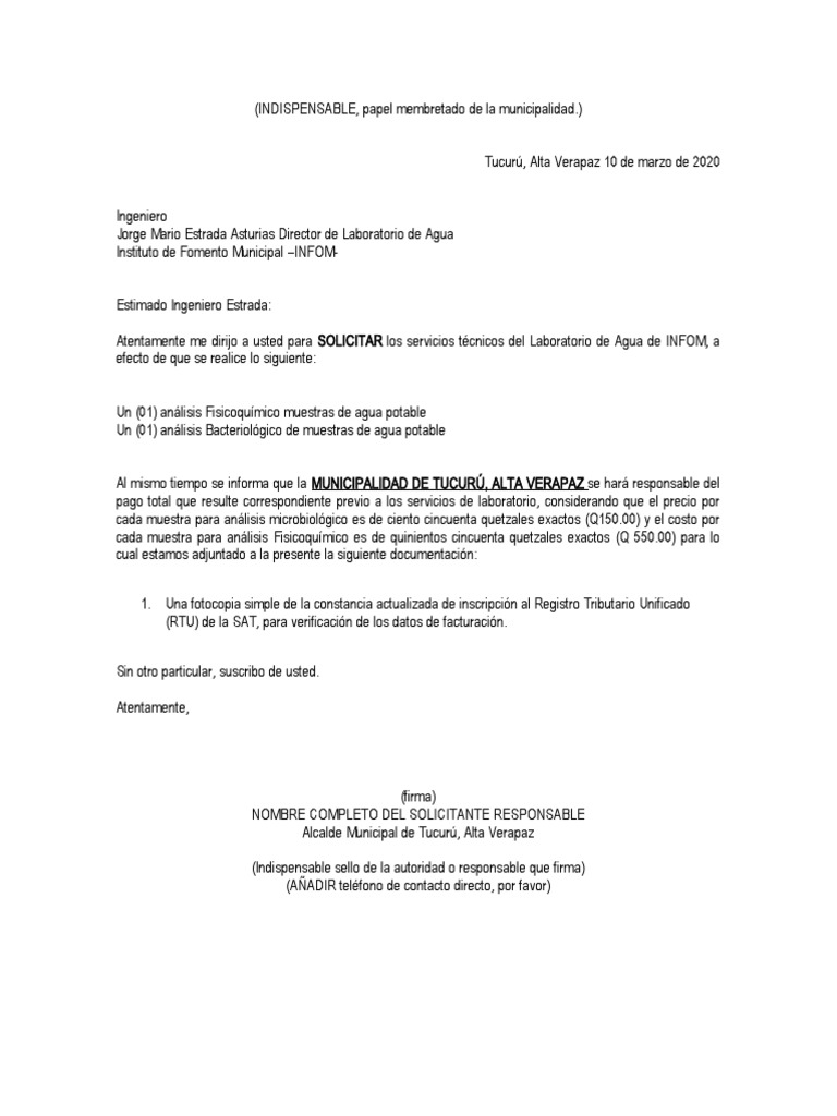 Carta para Solicitud de Servicios de Laboratorio (Agua Potable) | PDF