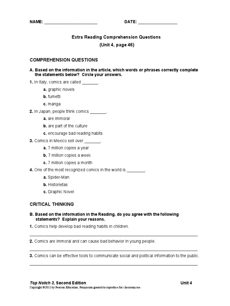 Extra Reading Comprehension Questions (Unit 4, Page 46) : Top Notch 3 | PDF