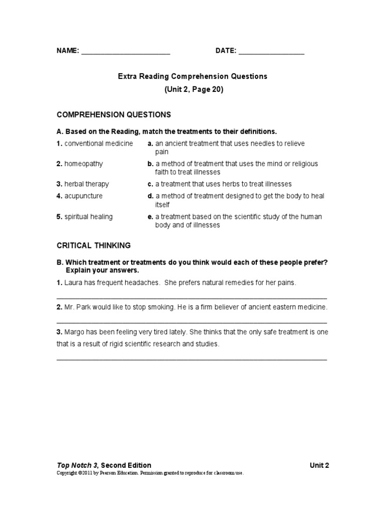 Extra Reading Comprehension Questions (Unit 2, Page 20) : Top Notch 3 | PDF