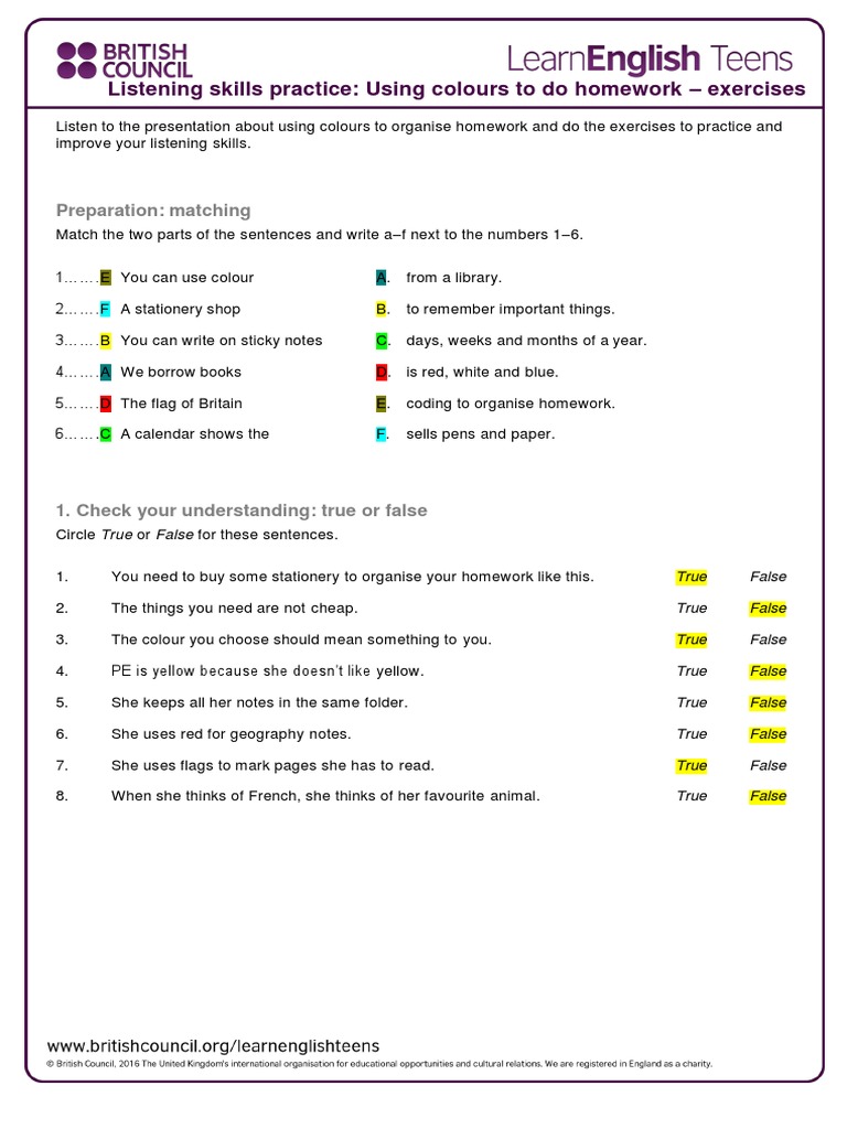 Listening Skills Practice: Using Colours To Do Homework - Exercises ...