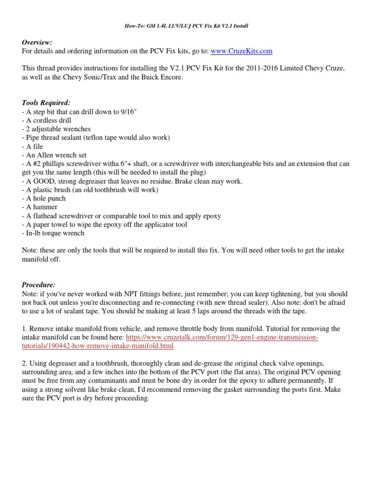 V2.1 PCV Fix Kit Instructions | PDF | Screw | Valve