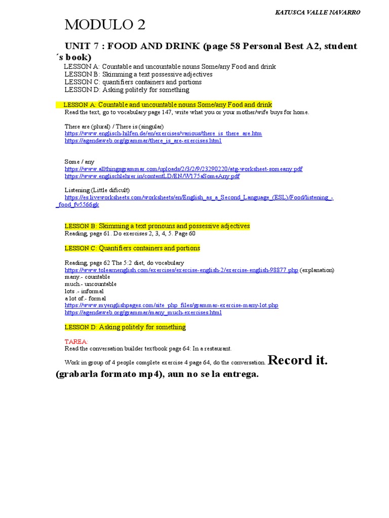 A2 Food and Drink Lessons Overview | PDF