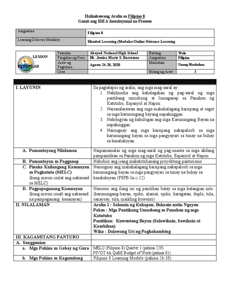 Lesson Exemplar Filipino 8 MELC 1 | PDF