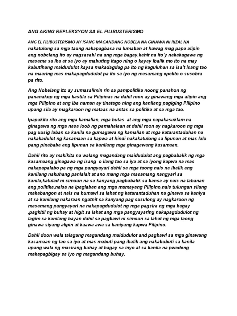Ang Aking Repleksyon Sa El Filibusterismo | PDF
