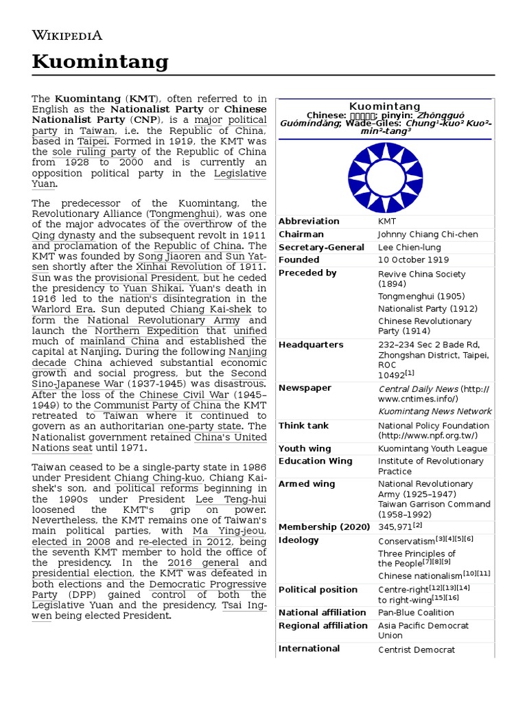 Kuomintang: Nationalist Party (CNP), Is A Major Political | PDF ...