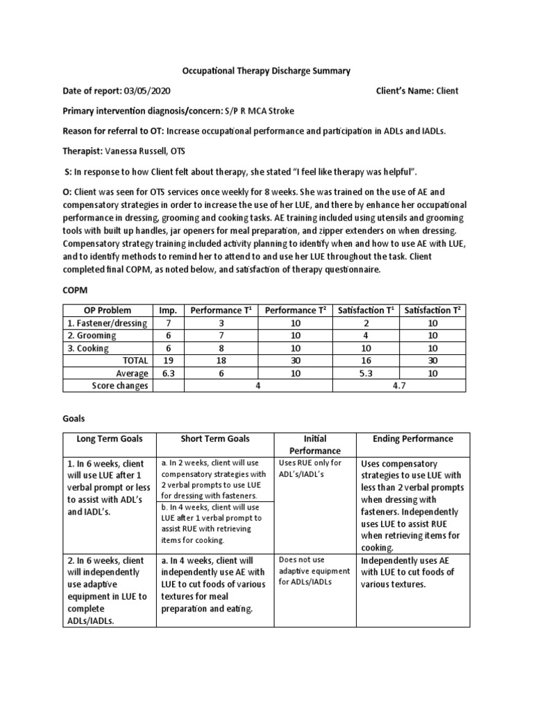 Discharge Summary | PDF | Occupational Therapy | Goal