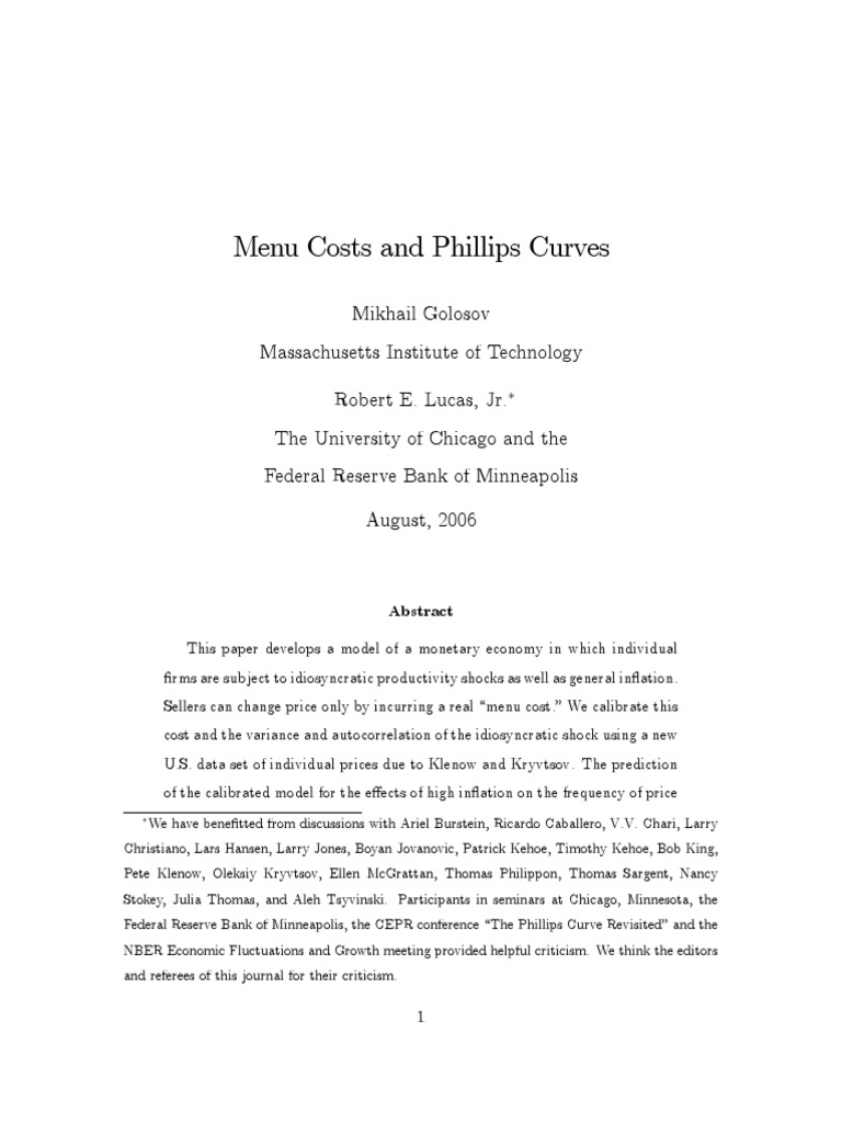Menu Costs and Phillips Curves | PDF | Nominal Rigidity | New Keynesian ...