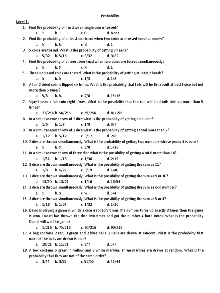 Probability Questions For Practice | PDF | Odds | Gaming