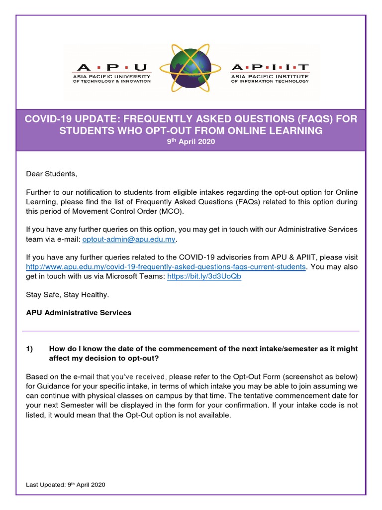 Covid-19 Update: Frequently Asked Questions (Faqs) For Students Who Opt ...