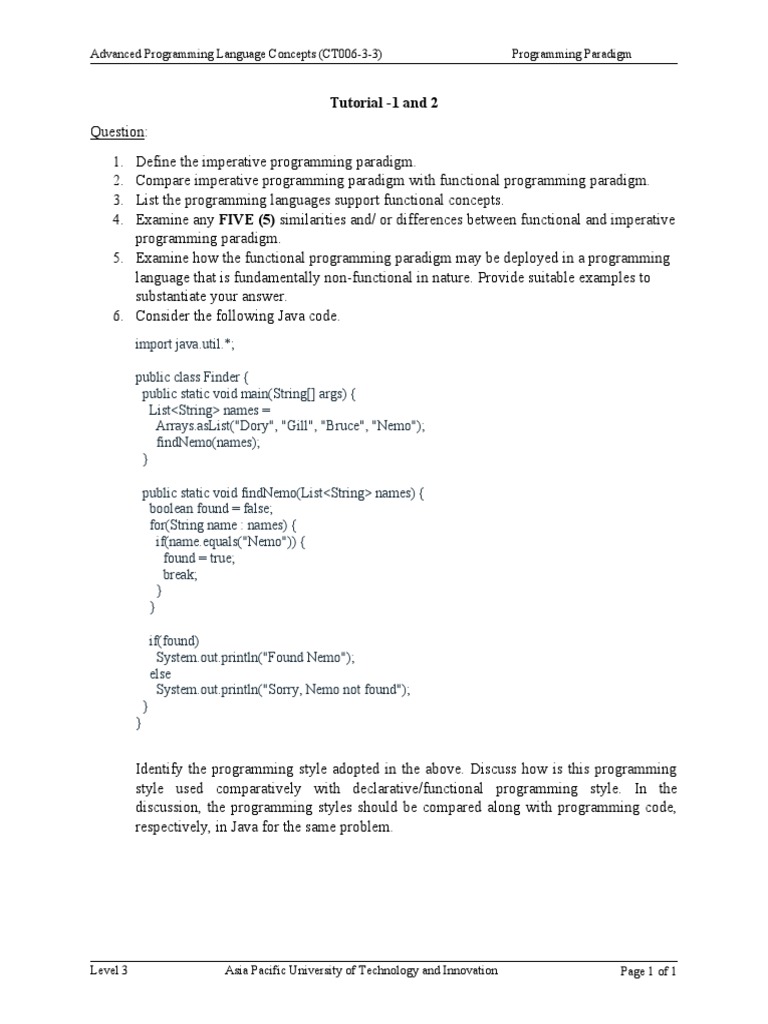 Tutorial - 1 and 2: Advanced Programming Language Concepts (CT006-3-3) Programming Paradigm ...