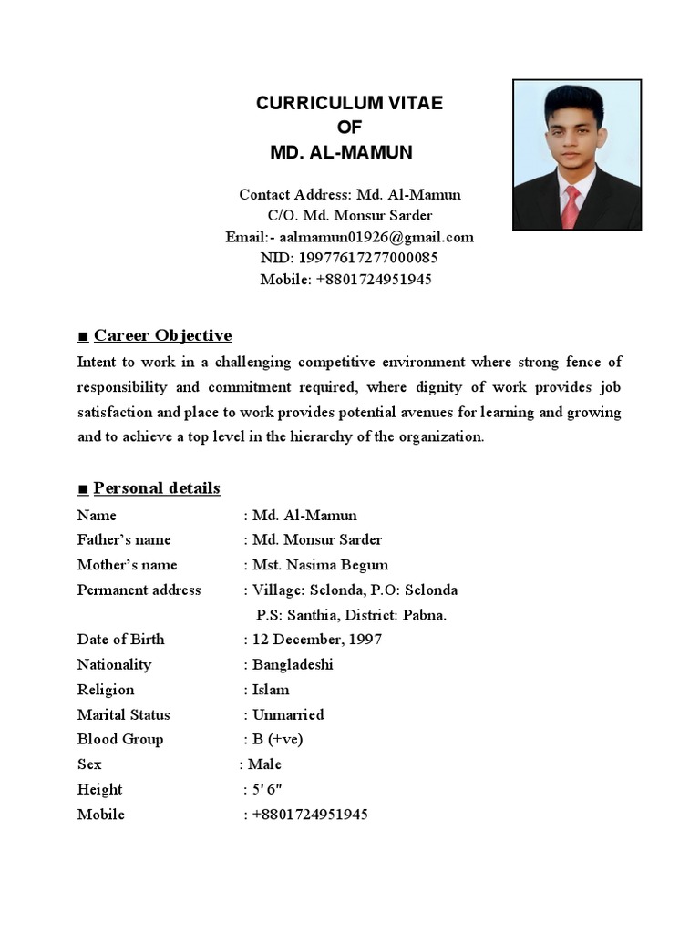 Curriculum Vitae OF Md. Al-Mamun | Download Free PDF | Cognition ...