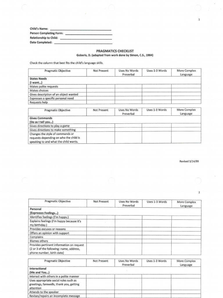 Pragmatics Checklist | PDF
