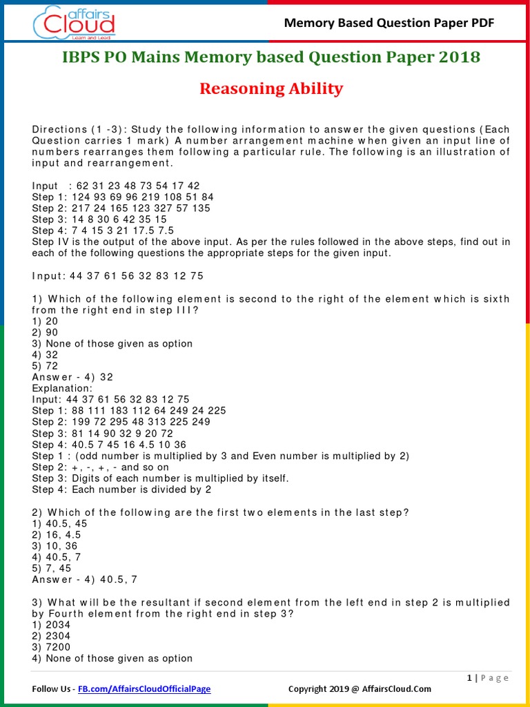 IBPS PO Mains 2018 - Memory Based Question Paper by AffairsCloud | PDF ...