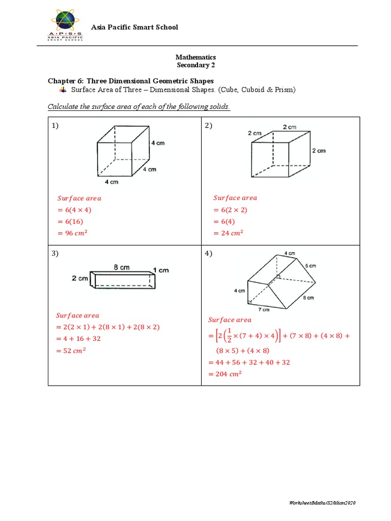 Answer - Surface Area - Cube, Cuboid & Prism | PDF | Geometry ...