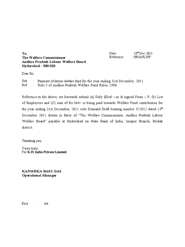 Covering Letter For Filing Labour Welfare Fund - Form F (30 12 10) | PDF