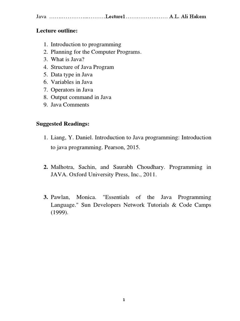 Lecture Outline:: Java . ... Lecture1 . . A.L. Ali Hakem | PDF | Data ...