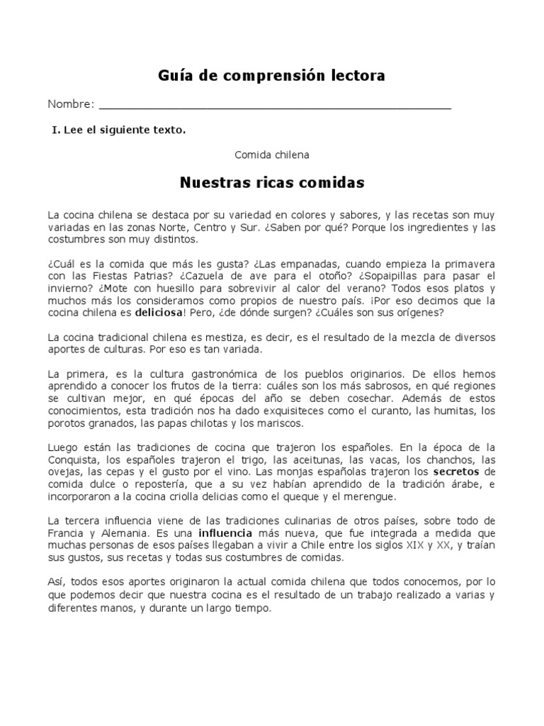 Guía de Comprensión Lectora Nuestras Ricas Comidas | PDF | Cocina de ...