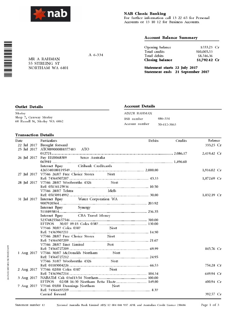 NAB Classic Banking Account Balance and Transaction Details | PDF ...