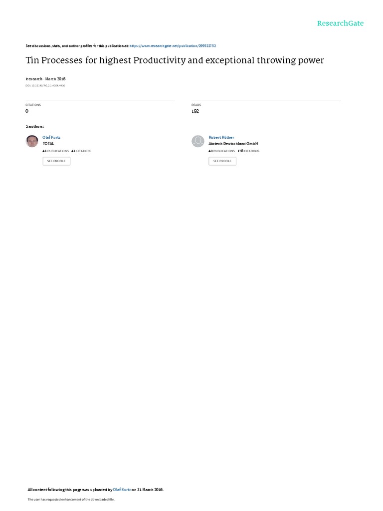 Tin Processes For Highest Productivity and With Exceptional Throwing ...