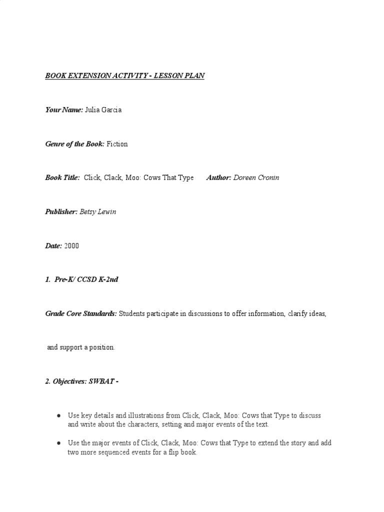 Book Extension Activity - Lesson Plan 4 | PDF | Books | Lesson Plan