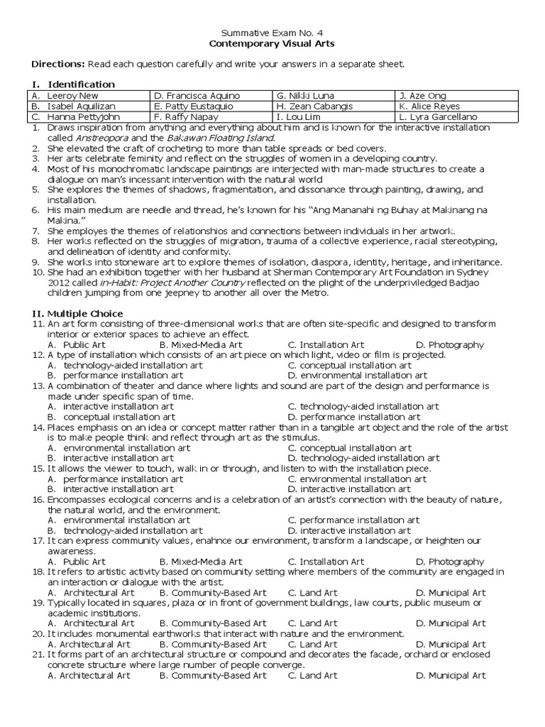 Summative Exam in Visual Arts | PDF | Installation Art | Aesthetics