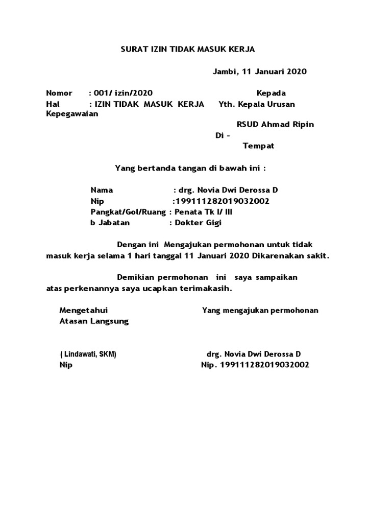 Surat Izin Tidak Masuk Kerja DRG Novia Dwi Derossa | PDF