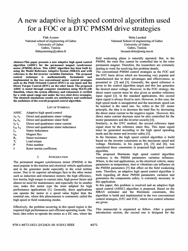 A New Adaptive High Speed Control Algorithm Used For A FOC or A DTC ...