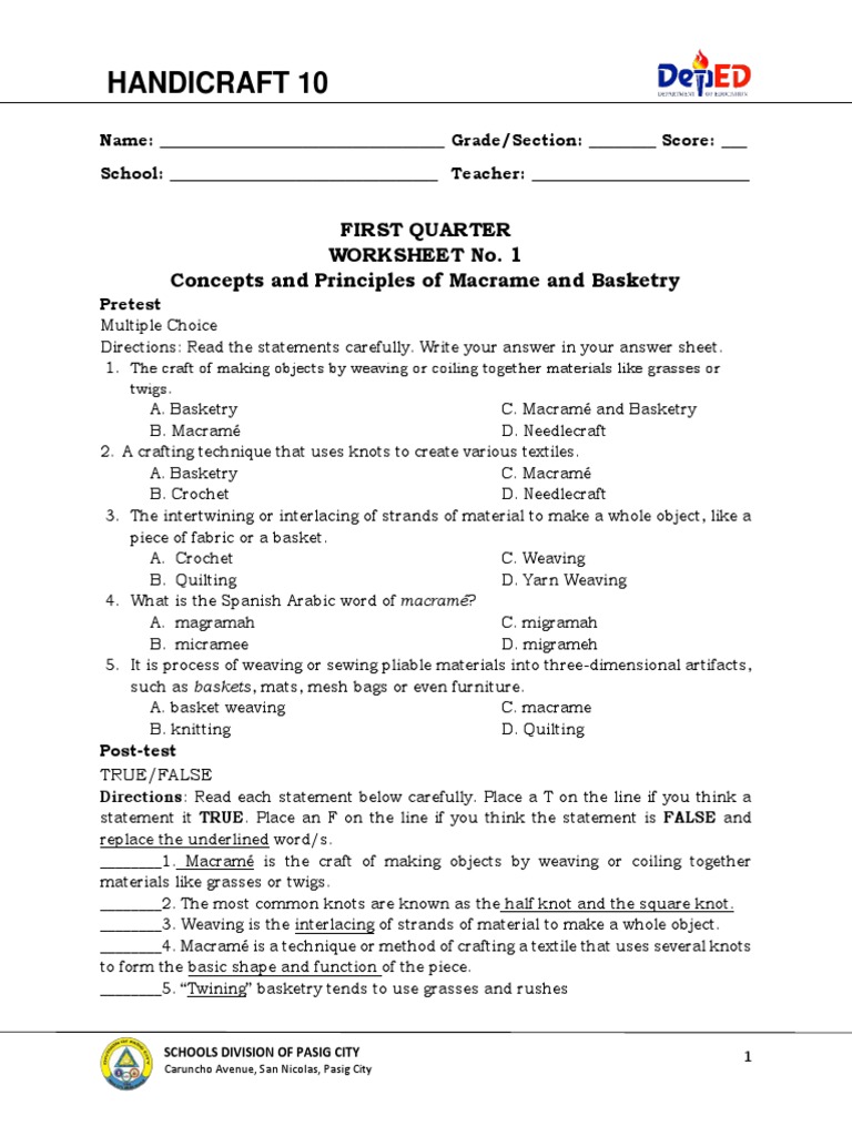 Handicraft 10: First Quarter Worksheet No. 1 Concepts and Principles of ...
