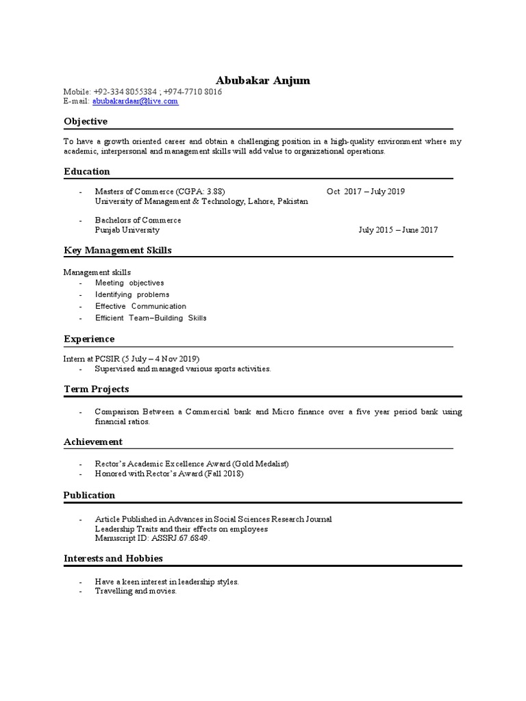 Abubakar Anjum CV | PDF