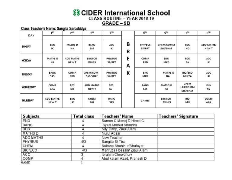 Grade 9B Class Schedule 2018-19 | PDF