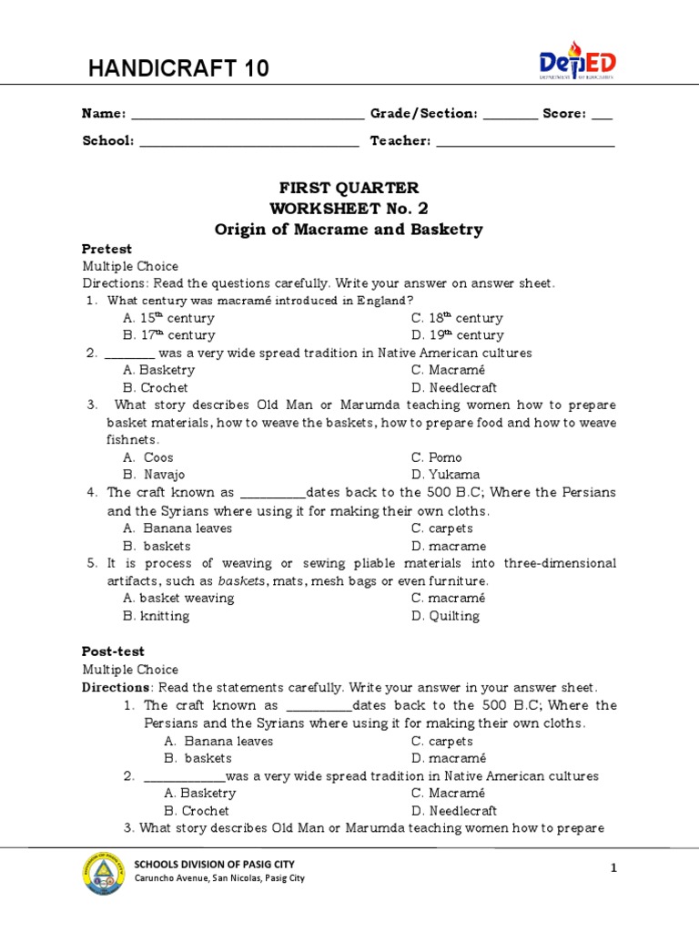 Handicraft 10: First Quarter Worksheet No. 2 Origin of Macrame and ...