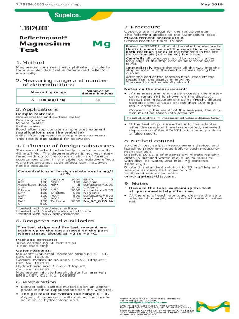 Magnesium Test: Reflectoquant | PDF | Magnesium | Atoms