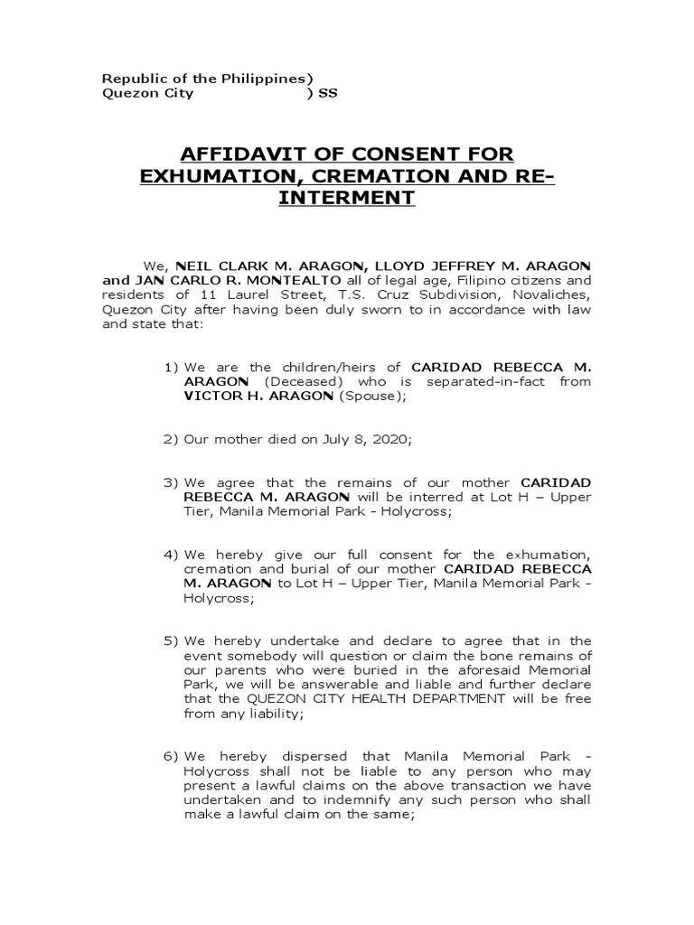 Affidavit of Consent Exhumation 2 (BONG) | PDF | Affidavit | Burial