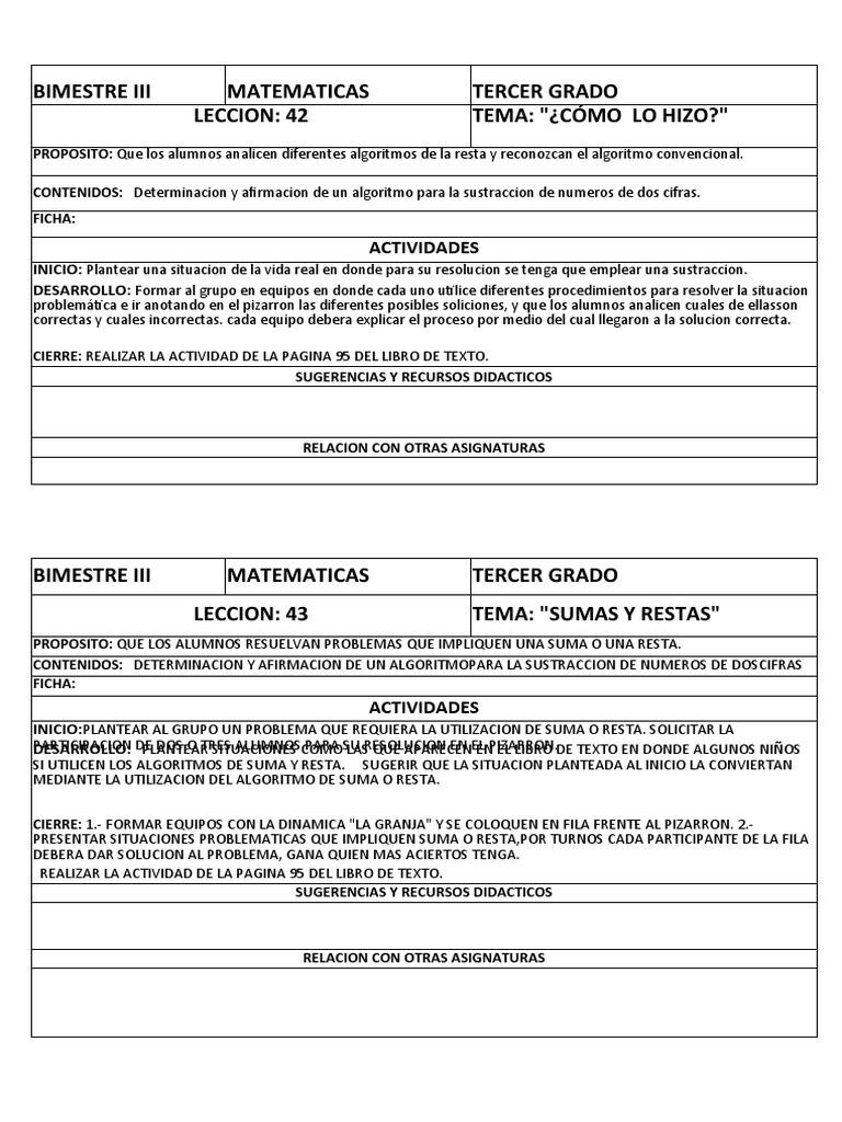 Planeacion Matematicas Lecciones 42 47 Pdf Enseñanza De Matemática