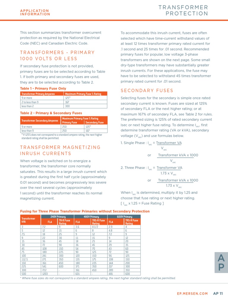 Transformers - Primary 1000 Volts or Less: Table 1 - Primary Fuse Only ...