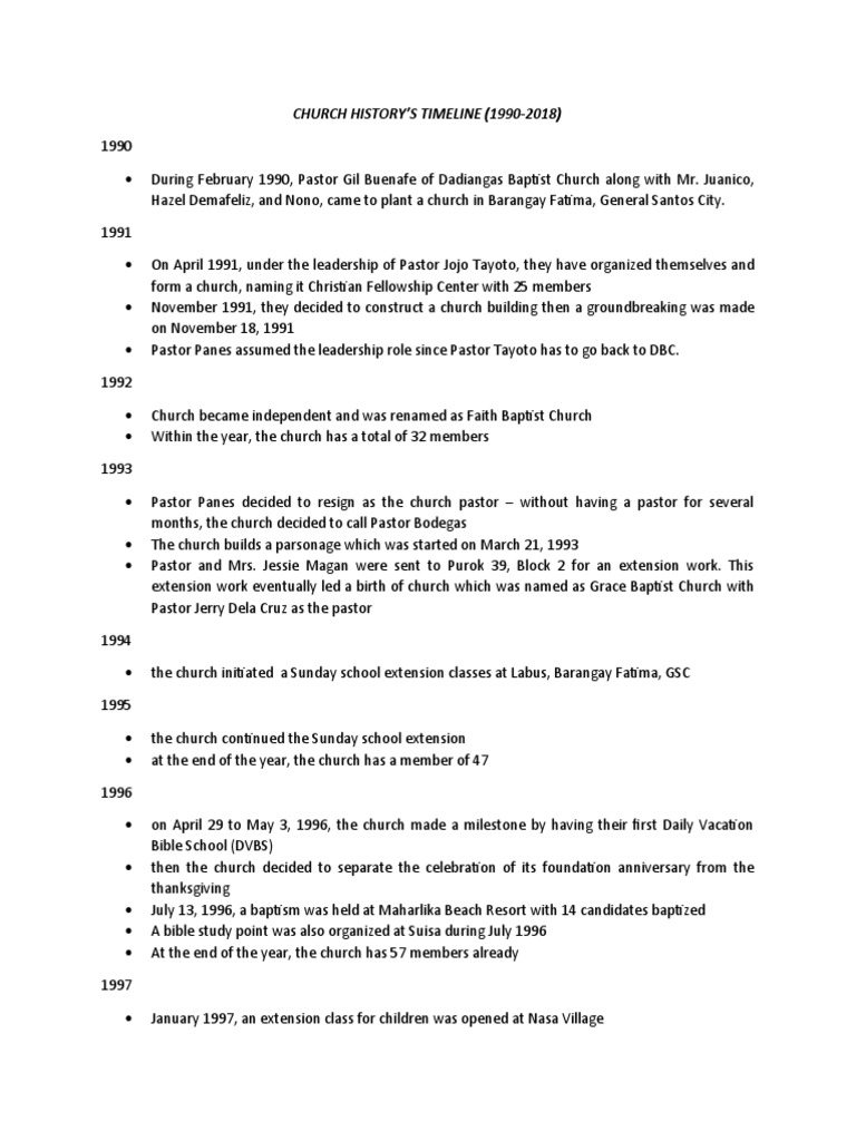 Church History'S Timeline (1990-2018) | PDF | Pastor | Baptism