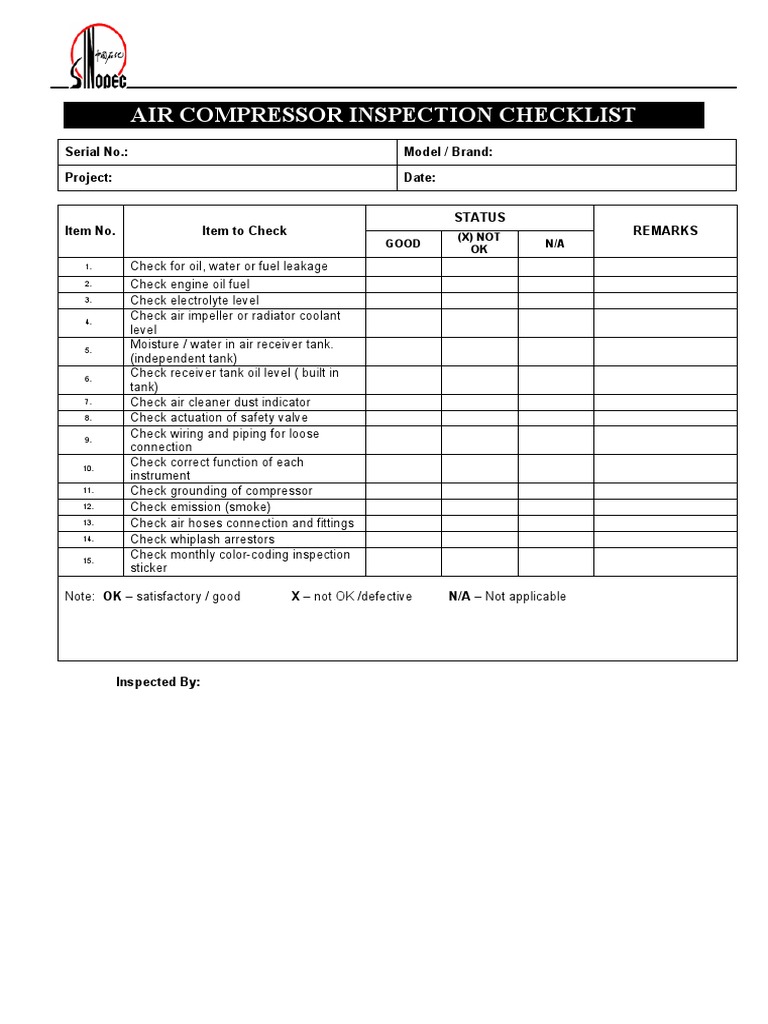 Air Compressor Inspection Checklist | PDF