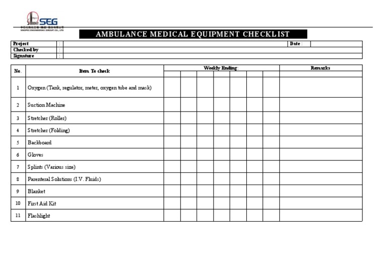 Ambulance Medical Equipment Checklist | PDF