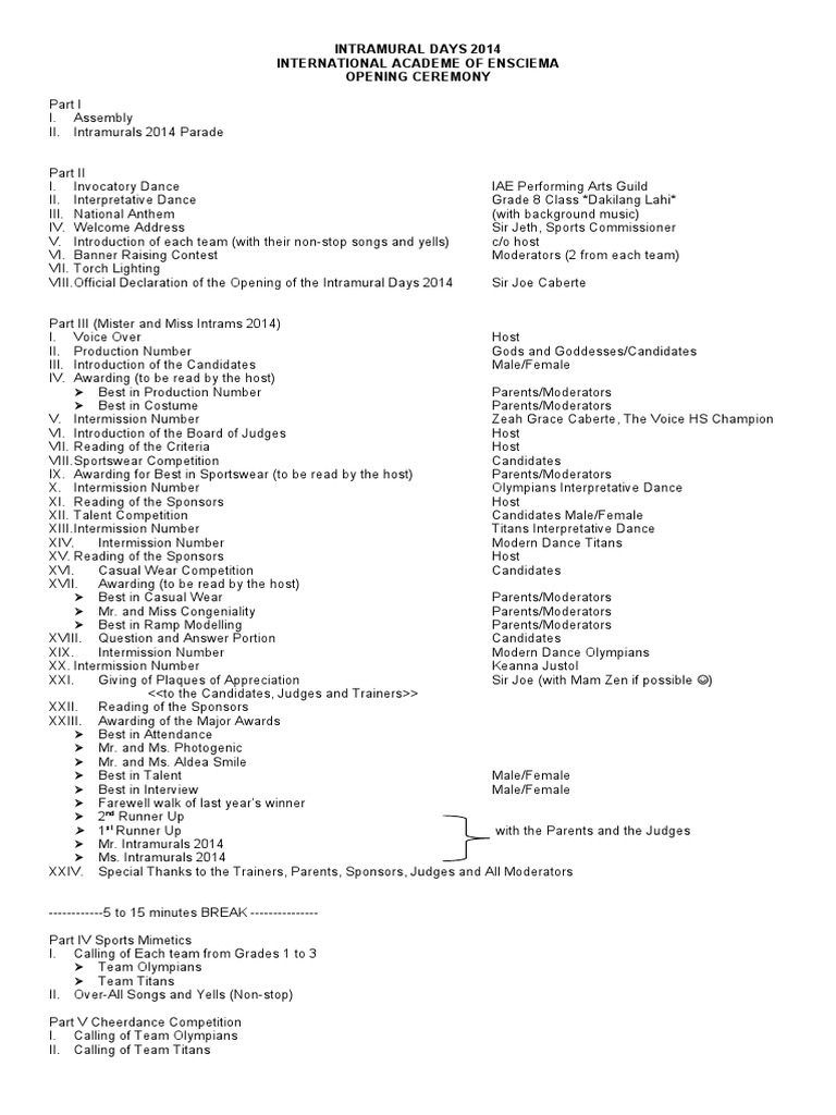 Program Flow of The INTRAMURAL DAYS 2014 | PDF | Leisure